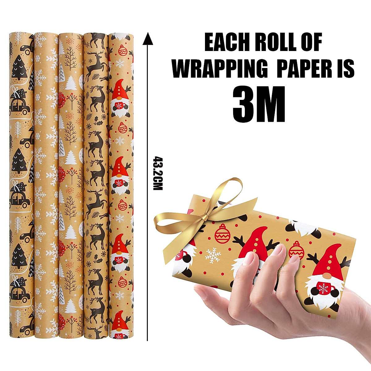 KIMOBER 5 Rolls Christmas Wrapping Paper,Brown Kraft Paper with Xmas Elements and Cut Lines on Reverse(17in × 118in Per Roll)