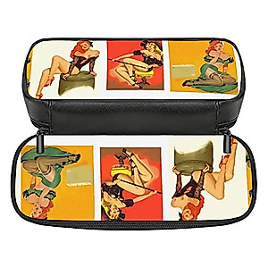 Pinup Girls Pencil Case PU Leather Pencil Pen Bag Large Capacity Pen Box Pencil Pouch Makeup Bag with Zip
