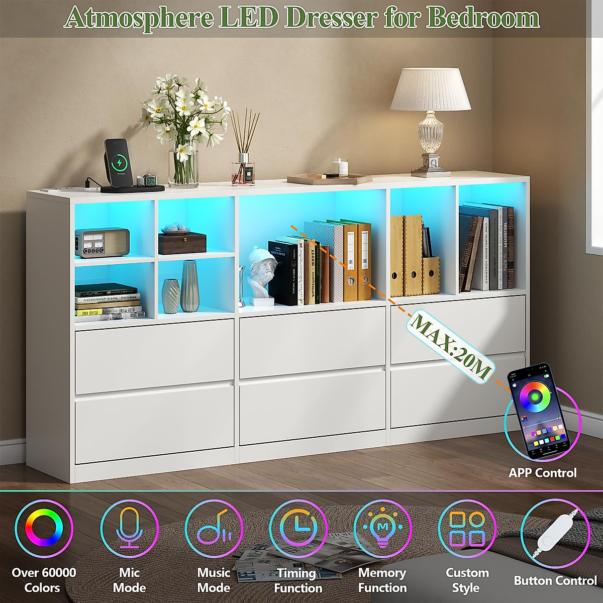 Gyfimoie White Dresser for Bedroom with 6 Drawers, Chest of Drawers with Led Lights&Charging Station, 63" Long Dresser with 7 Open Cubbies, Storage Drawers for Living Room, Closet, Hallway (White)