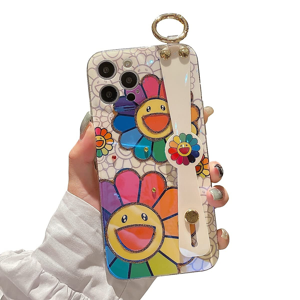 Lastma for iPhone 13 Pro Max Case Cute with Wrist Strap Kickstand Glitter Bling Cartoon IMD Soft TPU Shockproof Protective Cases Cover for Girls and Women - Sunflower