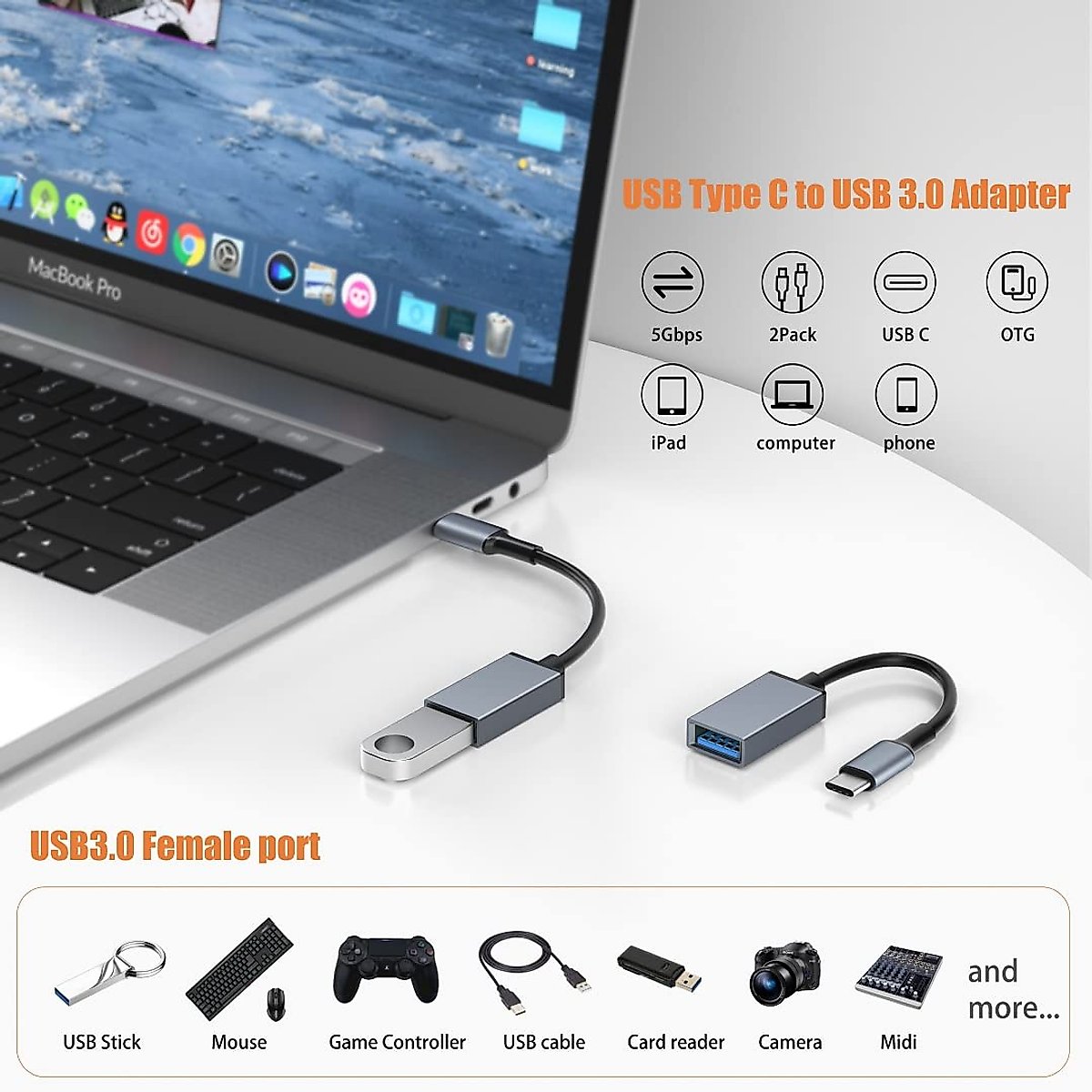 sunshot USB C to USB 3.0 Adapter [2 Pack],USB C to USB A Adapter, USB Type-C to USB,Thunderbolt 3 to USB Adapter OTG Cable for iPhone 15/15 Pro/15 Plus/15 Pro Max, MacBook Pro/Air, Galaxy S20 etc.