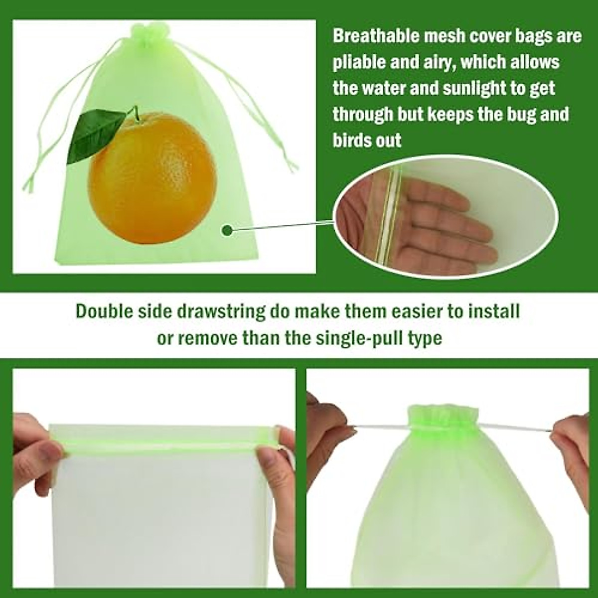 June Fox 50 Pcs Fruit Protection Bags 6x9 inch, Fruit Netting Cover Bags with Drawstring, Mesh Fruit Protectors Barrier Bags for Mangoes Tomatoes Fruit Trees Veggies Garden (Green)
