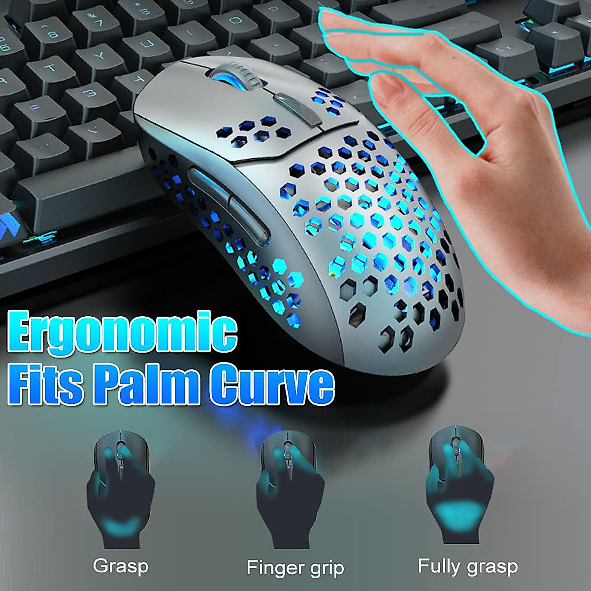 NORMIA RITA 【Dual Modes】 Honeycomb Wireless Mouse Bluetooth and 2.4GHz Two Modes Connection Computer Mouse with 7 Colors Backlight Silent Mouse 4 DPI Levels for Gaming, Working