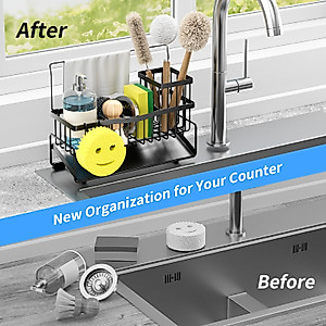 Adurei Kitchen Sink Caddy Sponge Holder for Kitchen Sink SUS304 Stainless Steel Rack with High Brush Holder Smiley Face Sponge Hook Towel Holder and Divider Gadgets Organizer for Counter