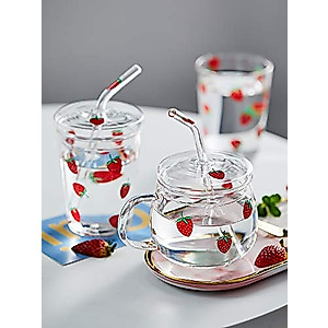 JHNIF 10 Oz Lovely Strawberry Clear Glass Mug with Lid and Straw.