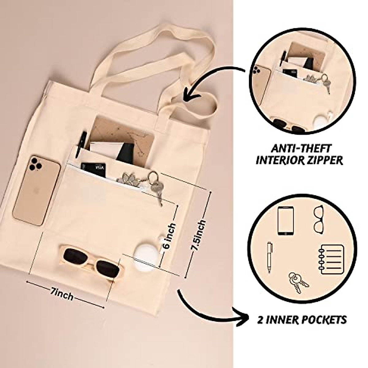 Folkulture Canvas Tote Bag with Zipper for Women | 16" x 15", 100% Cotton Reusable Grocery Bag with Pocket, Tote Bag Aesthetic for Men & Teens | Tote Bags for Work Travel Shopping (Never Stop Growing)