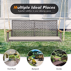 RELAX4LIFE 2-Seater Outdoor Porch Swing - Patio PE Rattan Hanging Swing Bench with Seat Cushion and Strong Hanging Ropes, Wicker Swing Loveseat Bench for Porch, Backyard, Garden, 800 lbs (Off White)