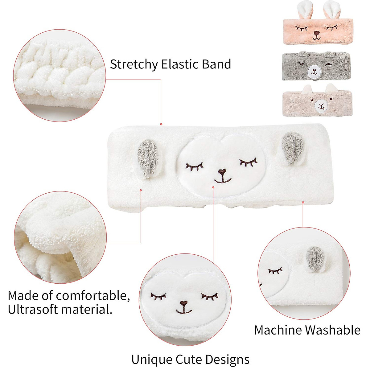 Ergonflow 4 Pack Animal Coral Fleece Spa Headband Makeup Headband Cosmetic Headband for Washing Face Wash Headband Cosmetic Headband Shower Headbands