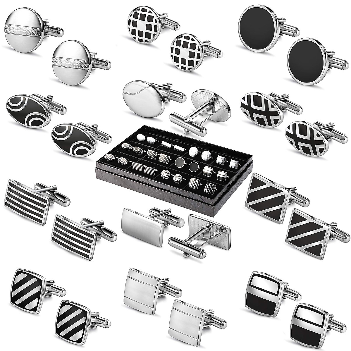 Luckeyui 12 Pairs Cufflinks Set Gifts for Men Vintage Wedding Tuxedo Shirt Cuff Links Silver & Black