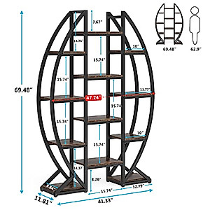 Bookshelf, Oval Triple Wide 5 Tiers Etagere Bookcases, Industrial Display Shelves for Living Room (Brown, 47")