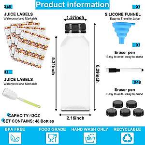 Janisfirst 48Pcs 12 oz Empty Plastic Juice Bottles with Caps,Reusable Clear Homemade Water Bottles Containers with Black Tamper Evident Caps for Juicing, Smoothie, Milk,Drinking and Other Beverages
