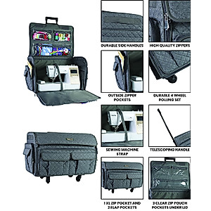 Everything Mary XXL Rolling Sewing Tote, Heather Grey - Rolling Carrying Storage Cover Case Compatible with Large Brother and Singer Machines - Universal Travel & Craft Tote Bag