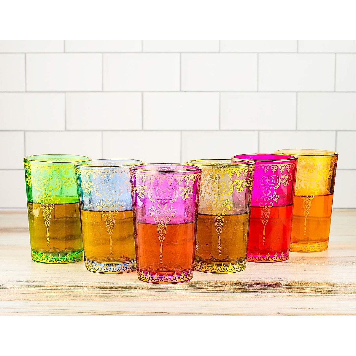 The Wine Savant Moroccan Glasses Artisan Hand-Made Multipurpose 170 ml 6 oz Tea and Wine Morrocan Tumbler Marrakech & Casablanca Tea Cups Set of 6 (6 Colors)