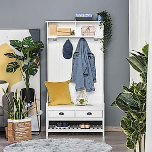 HOMCOM 3-in-1 Hall Tree, Entryway Bench with Coat Rack, Mudroom Bench with Shoe Rack, 2 Storage Drawers, 4 Hooks and Padded Seat Cushions for Hallway, White