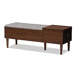 Baxton Studio Merrick Bench Shoe Rack Cabinet Brown//Medium Wood/Mid-Century/Fabric Polyester 100%"/Engineered Wood/Faux Wood Veneer/Powder Coated Vinyl (Legs)/Foam