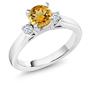 Gem Stone King 925 Sterling Silver Yellow Citrine and White Created Sapphire 3-Stone Engagement Ring For Women (0.90 Cttw, Round 6MM, Gemstone November Birthstone, Size 8)