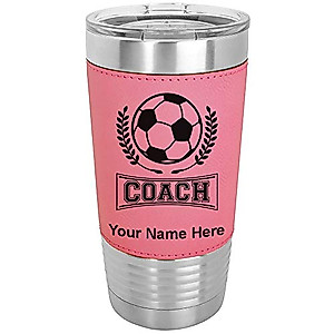 LaserGram 20oz Vacuum Insulated Tumbler Mug, Soccer Coach, Personalized Engraving Included (Faux Leather, Pink)