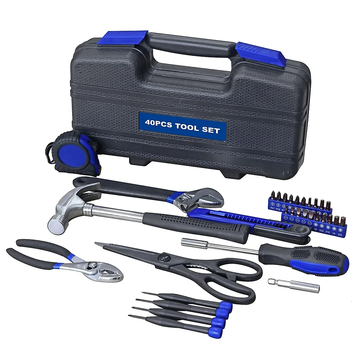 Torin 40 Piece Tool Set Household Repair Tool Kit with Plastic ToolBox, adjustable wrench, driver handle, linesman pliers, measuring tape, screwdriver bits, screwdrivers Set For Men Women, APK040TSM-2