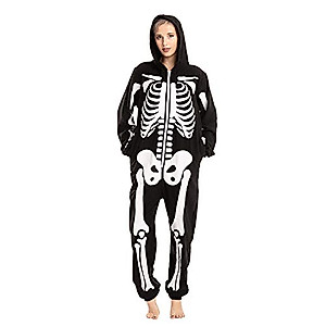 Spooktacular Creations Unisex Skeleton Onesie Pajama Plush Skeleton Jumpsuit Zippered Halloween Hoody Pajama for Adult Sleepwear Costume(Large) Black