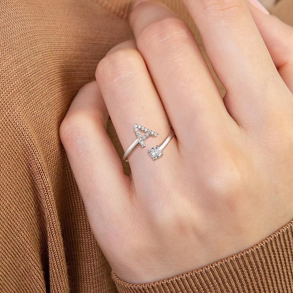 S925 Sterling Silver Initial Rings for Women Girls, Adjustable Initial Rings Cubic Zirconia Stackable Alphabet Letter A Rings for Teen Teenage Girls Teens Birthday Gifts for Daughter Granddaughter