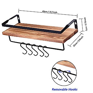 YEVIOR Floating Shelves Wall Mounted, Floating Wall Shelves with 5 Hooks, Rustic Pine Wood Floating Shelves with Removable Towel Bar, Set of 2 Floating Shelves for Bathroom, Kitchen, Bedroom