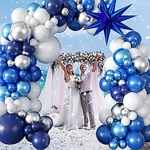 94Pcs Blue Balloon Garland Arch Kit Navy Blue Silver White Balloons Garland Kit with Metallic 4D Star Foil Balloon Birthday Party Balloons for Boys Men Baby Shower Wedding Graduation Party Decoration