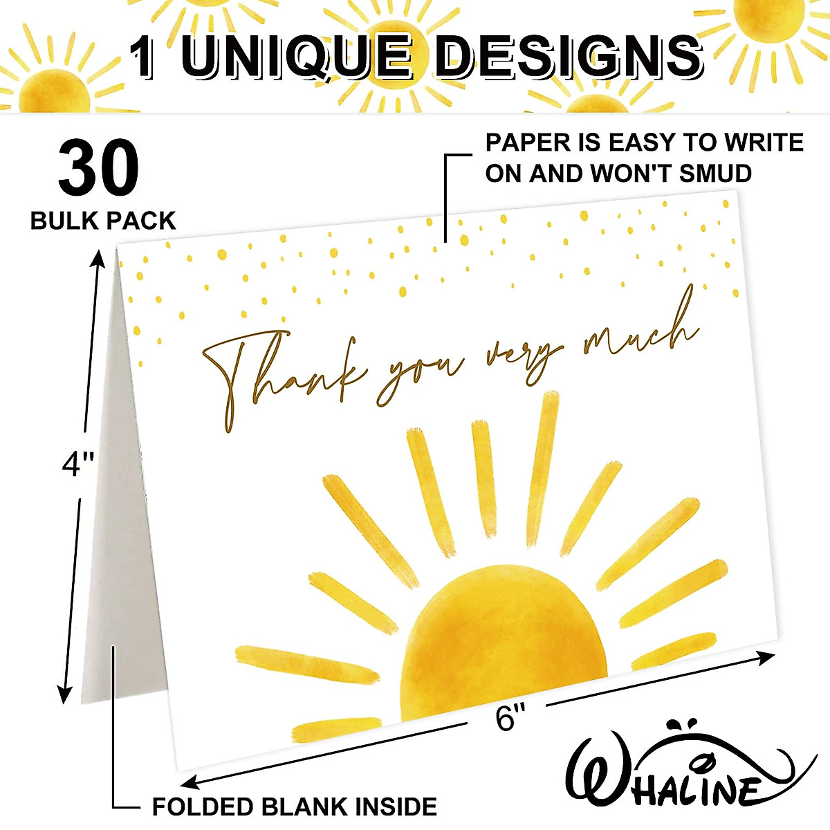 Whaline 30 Pack Baby Shower Thank You Cards with Envelopes Stickers Boho Sun Greeting Cards Sunshine Blank Note Cards for Baby Shower Birthday Wedding Party Supplies, 4 x 6 Inch
