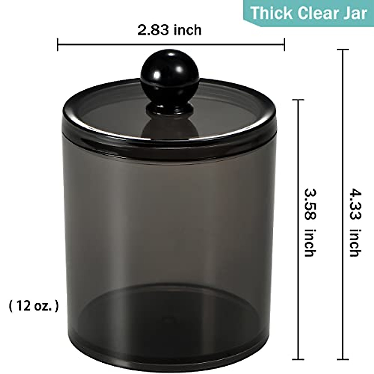 6 Pack of 12 Oz. Qtip Dispenser Apothecary Jars Bathroom with Labels - Qtip Holder Storage Canister Clear Plastic Acrylic Jar for Cotton Ball,Cotton Swab,Cotton Rounds,Floss Picks, Hair Clips (Black)