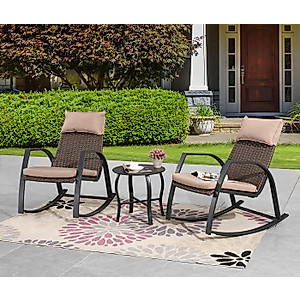 ARTLOFT 3 Piece Rocking Chairs Wicker Outdoor Patio Furniture Set Balcony Chairs Conversation Sets with Coffee Table for Porch, Garden, Backyard, Deck (Beige)