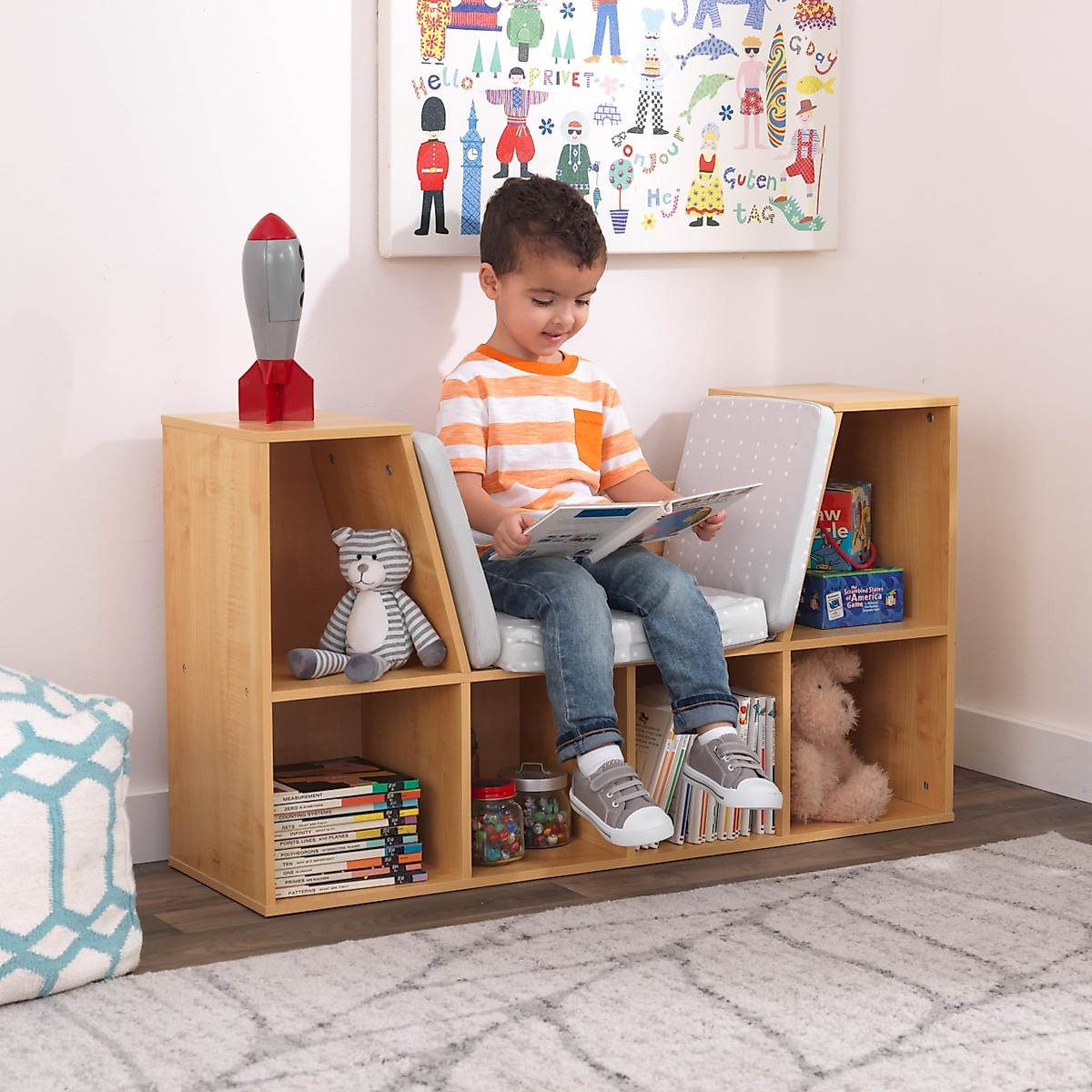 KidKraft Wooden Bookcase with Reading Nook, Storage and Gray Cushion - Natural