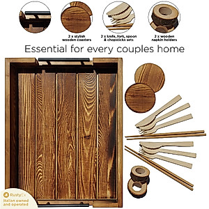RustyEx Pine Wood Serving Tray - Metal Handles Rectangular Breakfast Tray 17x13x2 inches with Extra Bamboo Cutlery Sets, Rustic Coasters, Elegant Napkin Holders Good for Eating, Working, Storing