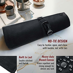 Under NY Sky Knife Roll Case - 6 Slots - Heavy Duty Waxed Canvas Pouch - Leather Reinforced - Portable Bag for Cooking Tools, Utensils, Cutlery Knives, Brushes - Chefs, Kitchen, Travel, Gift - Black