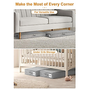 punemi Under Bed Storage Containers, 2 Pack 4.5 Inch Tall Low Profile Underbed Clothes Storage Organizer Bin with Sturdy Side & Bottom Support, Use as Clothes Organizer, Pillow and Blanket Organizer