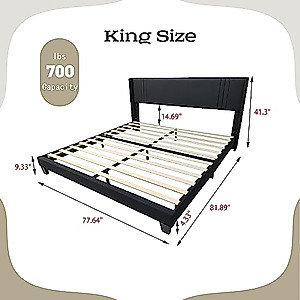 Tuconia Upholstered Platform King Size Bed Frame with Headboard Wooden Slats Support Easy Assembly No Box Spring Needed Black Linen