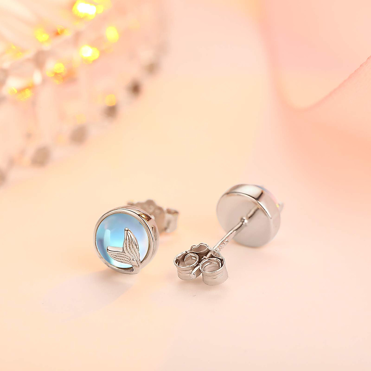 Mermaid Tail Moonstone Stud Earrings Jewelry Gifts 925 Sterling Silver Ocean Sea Whale’s Tail Earrings Moonstone Fishtail Stud Earrings for Women