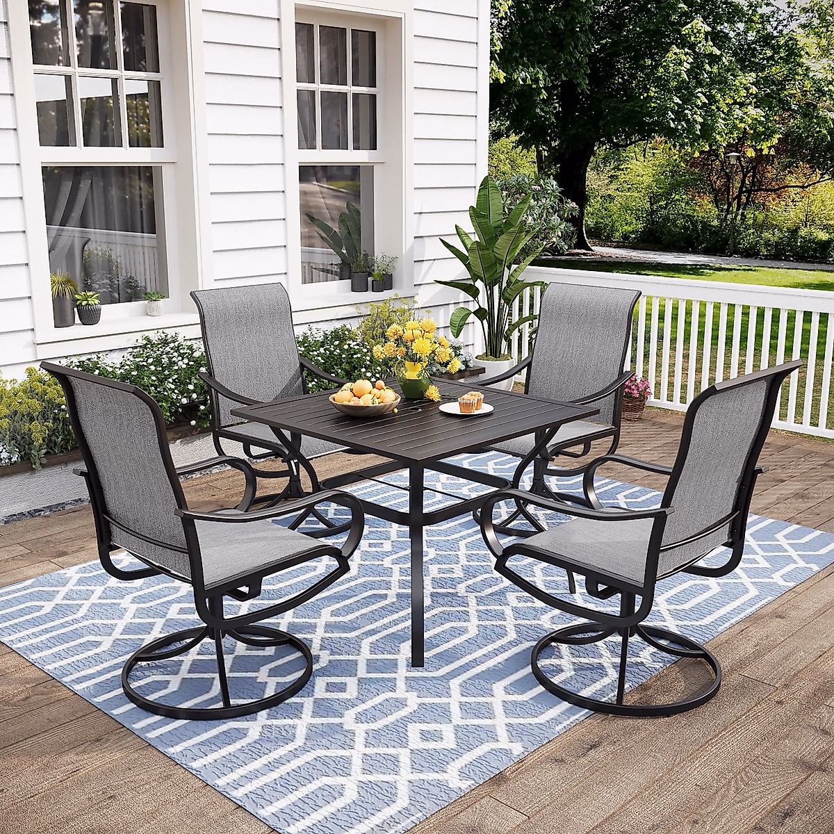 MFSTUDIO Patio Dining Set for 4, All Weather Outdoor Furniture Set with 4 Sling Swivel Chairs, 1 Square Metal Table, Light Grey Fabric