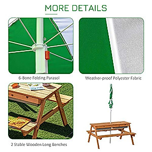 Outsunny Kids Picnic Table with Umbrella and Storage Inside, Sand and Water Table, Kids Outdoor Furniture, Wooden Bench Backyard Furniture for Garden, Patio, or Balcony