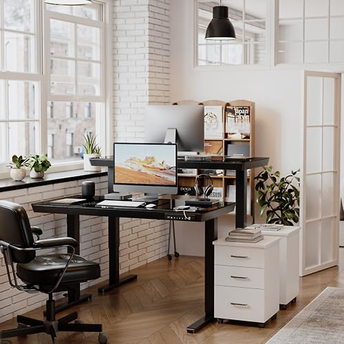 BANTI Electric Standing Desk with Drawers, 48 inch Whole-Piece Glass Desktop, Height Adjustable Stand up Sit Stand Home Office Ergonomic Workstation, Black Tabletop