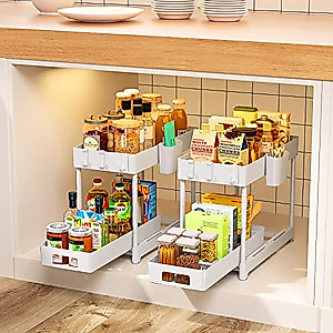 XEAPOMS Under Sink Organizers and Storage, 2 Pack Multi-Purpose Under Sink Organizer with Sliding Storage Drawer, 8 Hooks & 2 Hanging Cups, 2 Tier Under Sink Storage for Cabinet Bathroom Kitchen,White