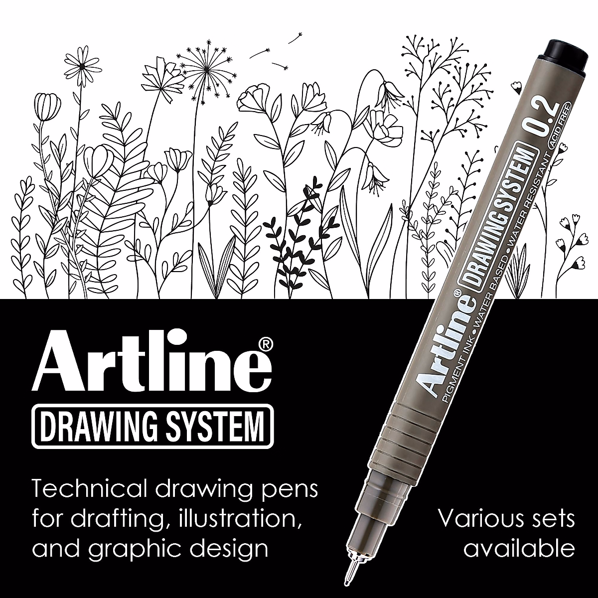 Artline 230 Drawing System Pens, Technical Drawing Pens For Drafting, Illustrating, and More, 0.2mm, 0.4mm, 0.6mm, and 0.8mm Fine Tips - Black, 4-Pack