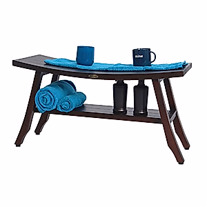 DecoTeak Satori Teak Shower Bench 34″ Long Eastern Style Wood Shower Bench with Curved Seat and Shelf Wooden Seat Shower Stool in Woodland Brown Finish