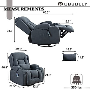 OBBOLLY Swivel Rocker Recliner Chair with Massage, Manual Glider Rocking Recliner Chair, Wingback Design 360° Swivel Chair with Lumbar Pillow, Cup Holders for Living Room (Single, Blue Grey-Linen)