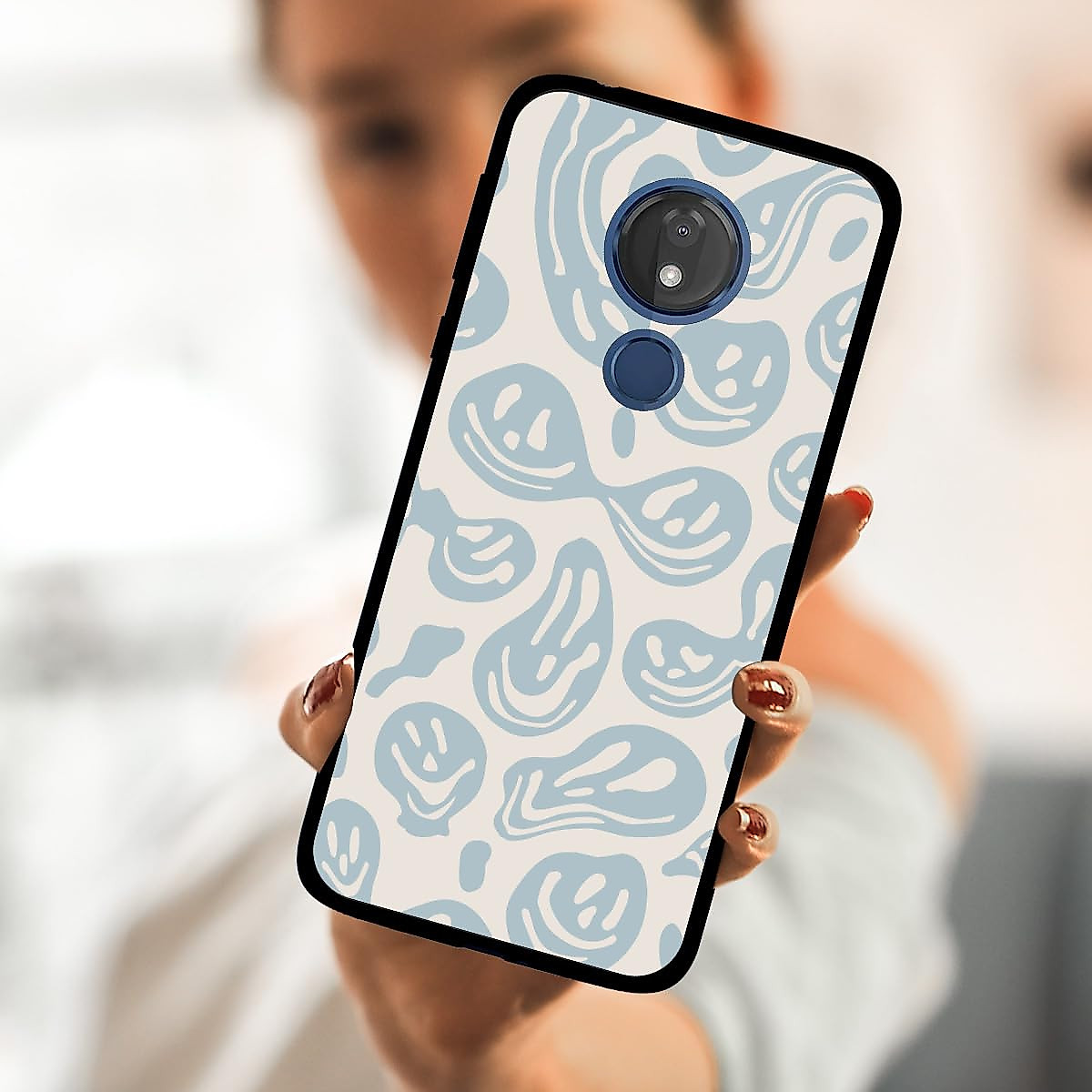 zaztify Phone Case for Motorola Moto G7 Power/Supra/Optimo Maxx, Pastel Beige Blue Funny Trippy Dripping Smile Melted Hippie Smiling Skull Ghost Face Cute Shockproof Protective Soft Cover Shell