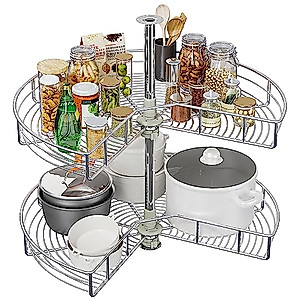 YITAHOME 28-Inch Kidney Shaped Chrome Pie Cut 2-Shelf Lazy Susan Corner Organizer for Kitchen Cabinet Blind Corner Storage with Telescoping Mount, Silver