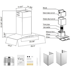 Empava Wall Mount Range Hood 30 Inch, Ducted/Ductless(Charcoal-Filter Sold Separately), Kitchen Exhaust Stove Vent with 400CFM, Tempered Glass, LED Light Stainless Steel, EMPV-30RH06