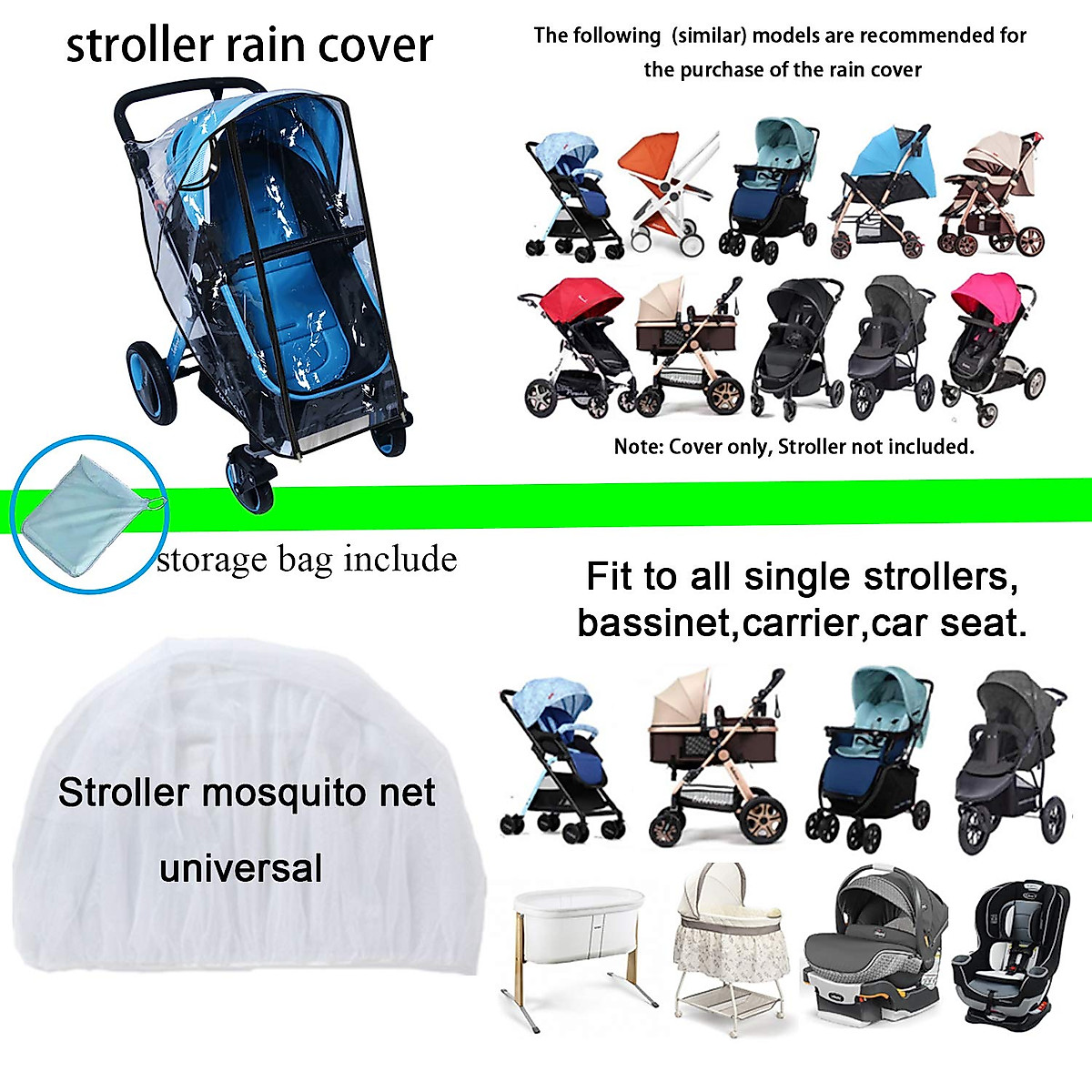 Stroller Rain Cover Baby Mosquito Net Universal Weather Shield Bug Net for Jogging Stroller Pushchair Buggy Pram Protect Baby from Rain Insect Wind Bug Snow Fly Shade Shield Netting Plastic