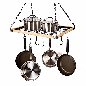 SODUKU Pot Pan Rack with Shelf Grid, Ceiling Mounted Hanging Multi-Purpose Wood & Metal Cookware Hanger Organizer Kitchen Storage with 10 Hooks