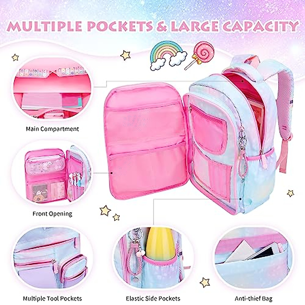 Backpacks for Girls School Cute Kids Backpack Bookbags with Insulated Lunch Box Set for School Elementary girl, Tie Dye School Bag with Laptop Compartments 16 * 11.5 * 7.5, Galaxy Blue