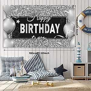Black and Silver Birthday Party Decorations Black Silver Balloons Arch Garland Kit Silver Black Birthday Photography Backdrop Banner for Kids Adults Anniversary Birthday Party Supplies Decor