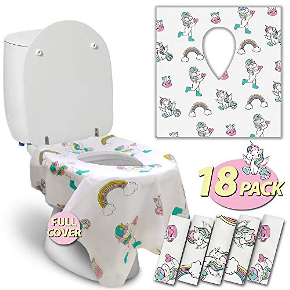 Disposable Toilet Seat Covers for Toddlers, Extra Large Individually Wrapped Unicorn Paper Potty Training Liners for Kids, Portable, Flushable with Non-Slip Adhesives, Potty Shields, Airplane & Travel